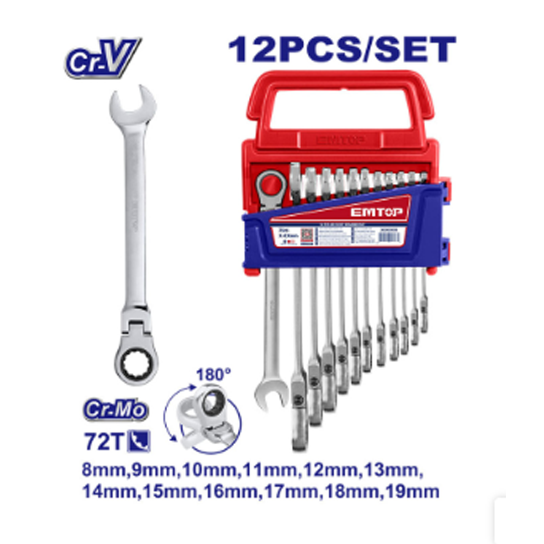EMTOP SET OF 12 METRIC RATCHET WRENCHES, FLEXIBLE CROWN, FINE POLISHED ECSS101203 – Alhadefh ...
